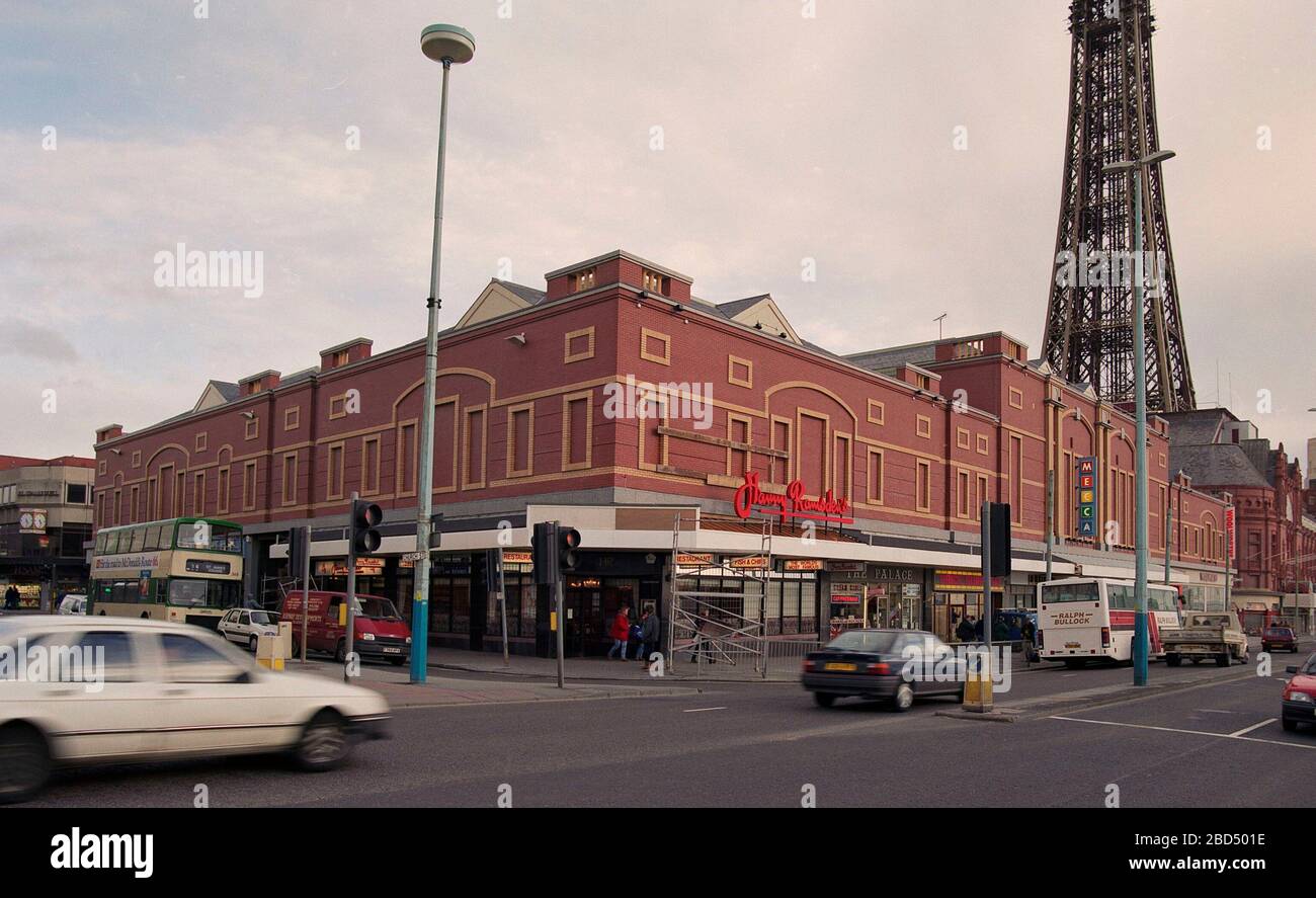 Harry Ramsden building on the front at Blackpool, Tower behind, in 1995 ...