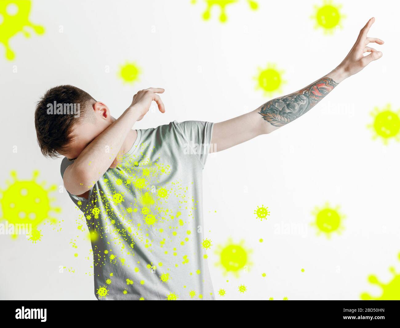 How to sneezing right - caucasian man dabbing isolated on studio ...