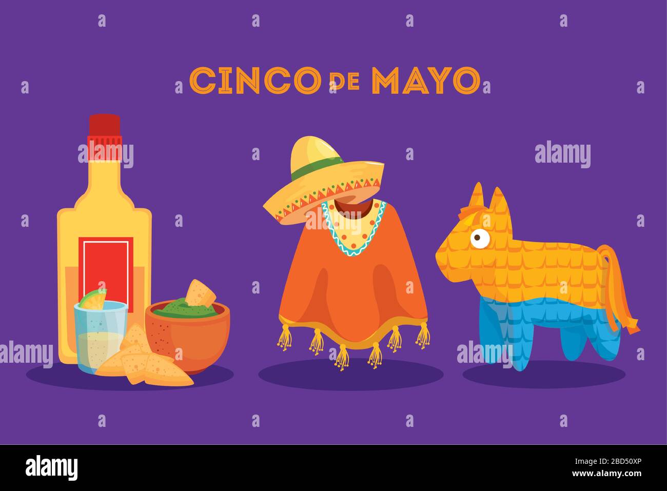 Mexican tequila bottle poncho hat and pinata of Cinco de mayo vector ...