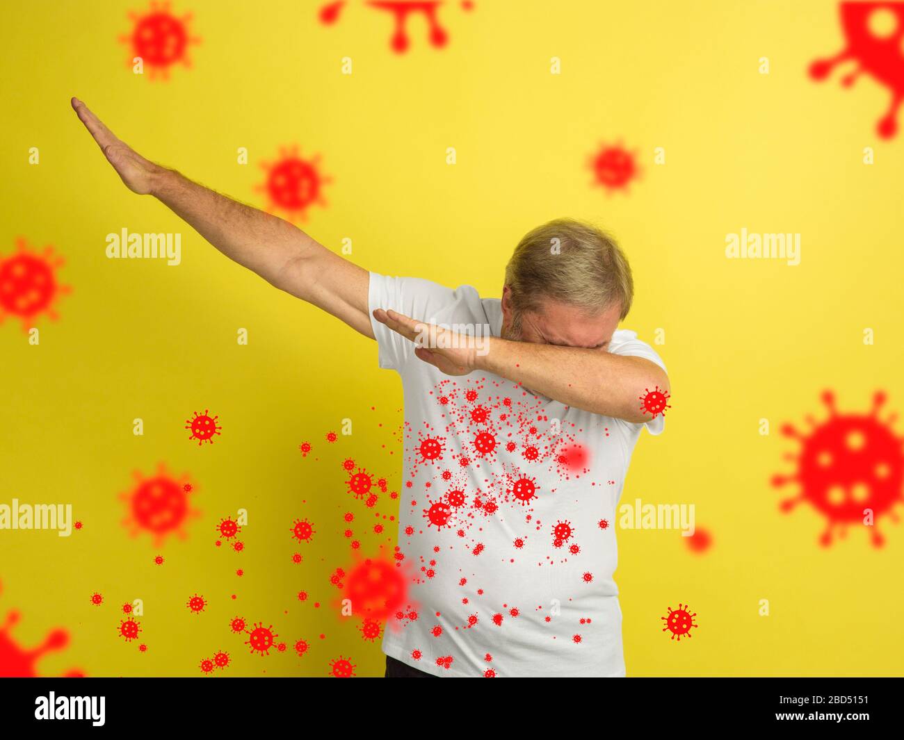 How to sneezing right - caucasian senior man dabbing isolated on studio ...