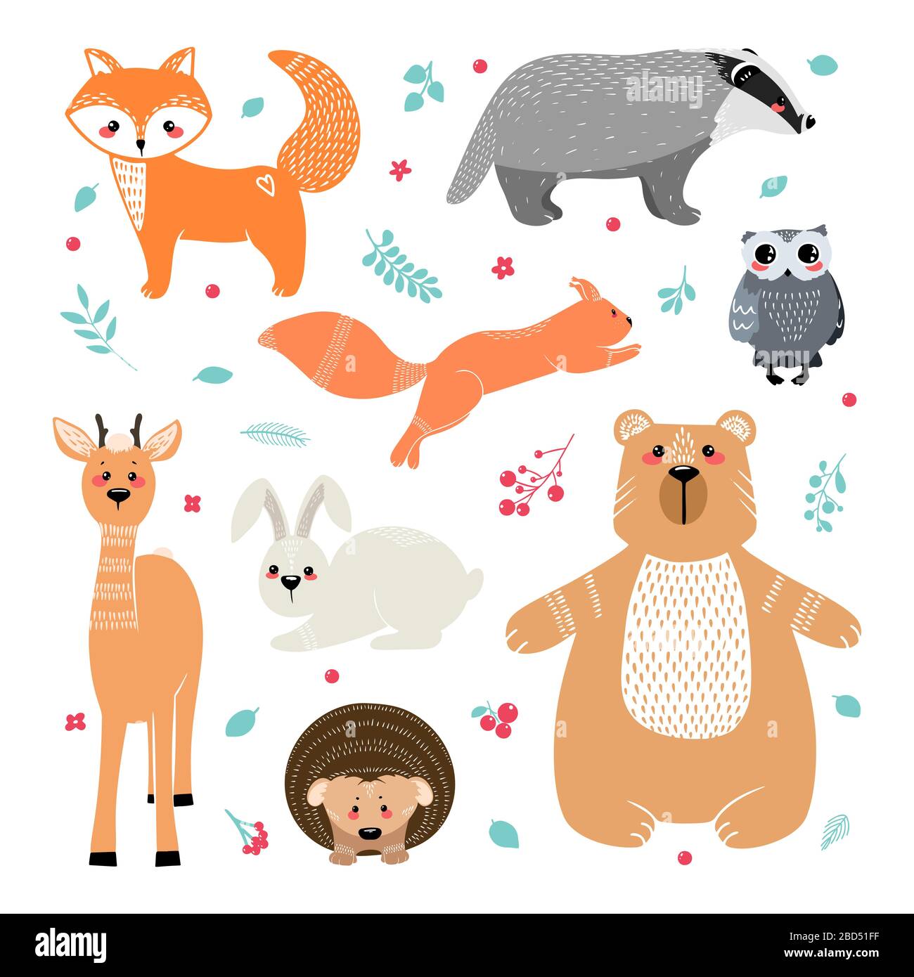 Cute animals: fox, badger, squirrel, owl, deer, doe, roe deer, hare ...