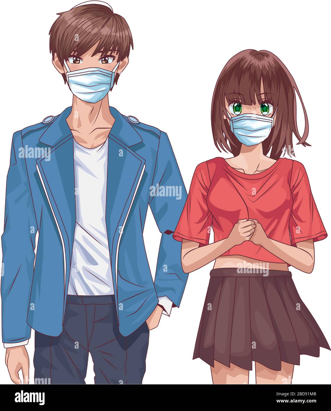 young couple using face masks anime characters Stock Vector Image & Art ...