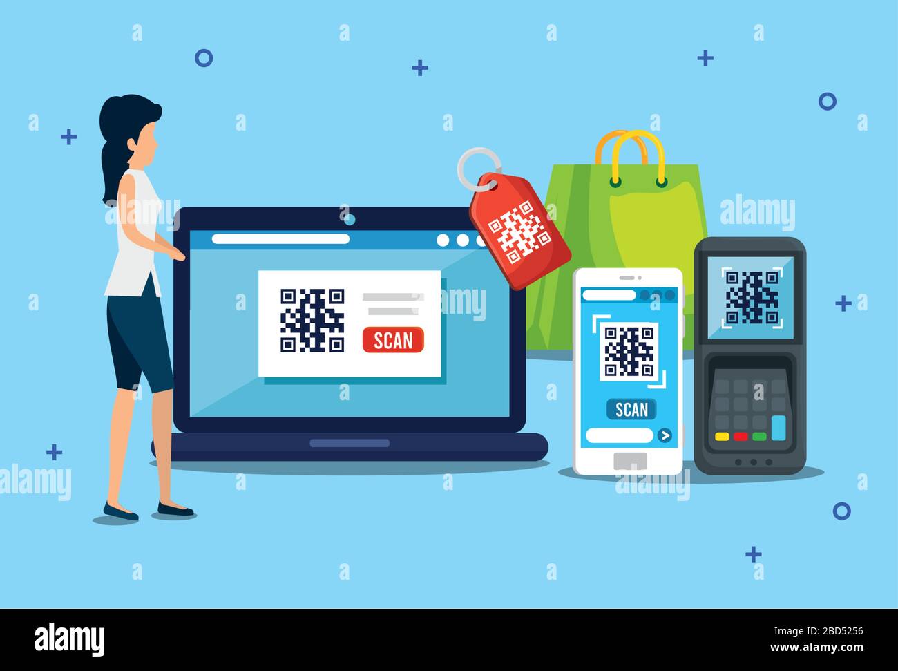 qr code inside laptop woman smartphone dataphone bag and label vector ...