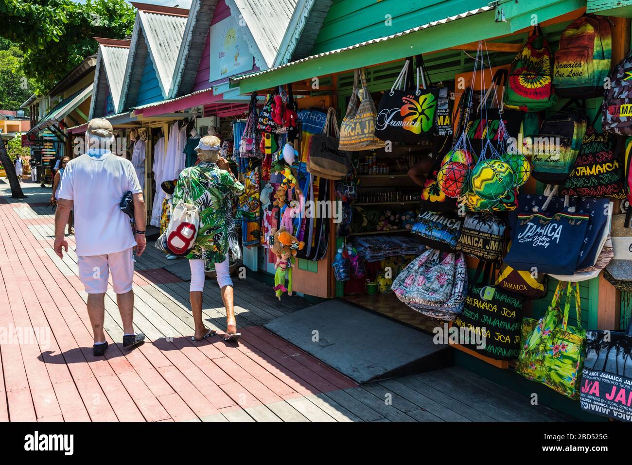 Ocho Rios, Jamaica - April 22, 2019: Tourists walk at souvenir street ...