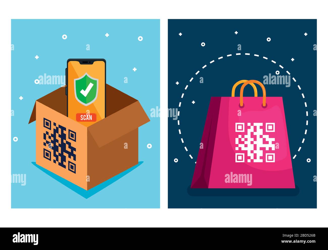 qr code over shopping bag box and smartphone vector design Stock Vector ...