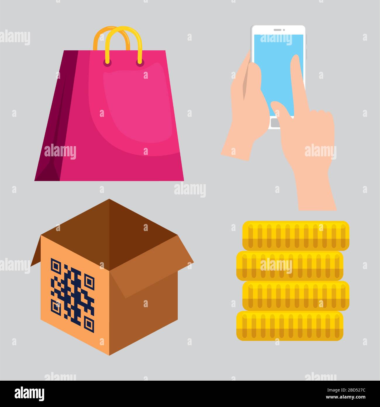 qr code over box coins bag and smartphone vector design Stock Vector ...