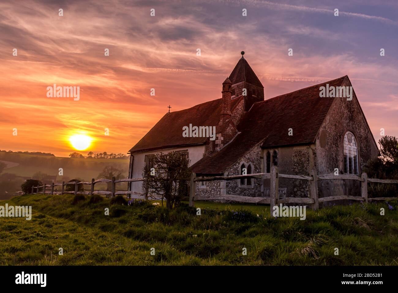 Sunset at the Isolated St Hubert's Church in Idsworth, South Downs ...
