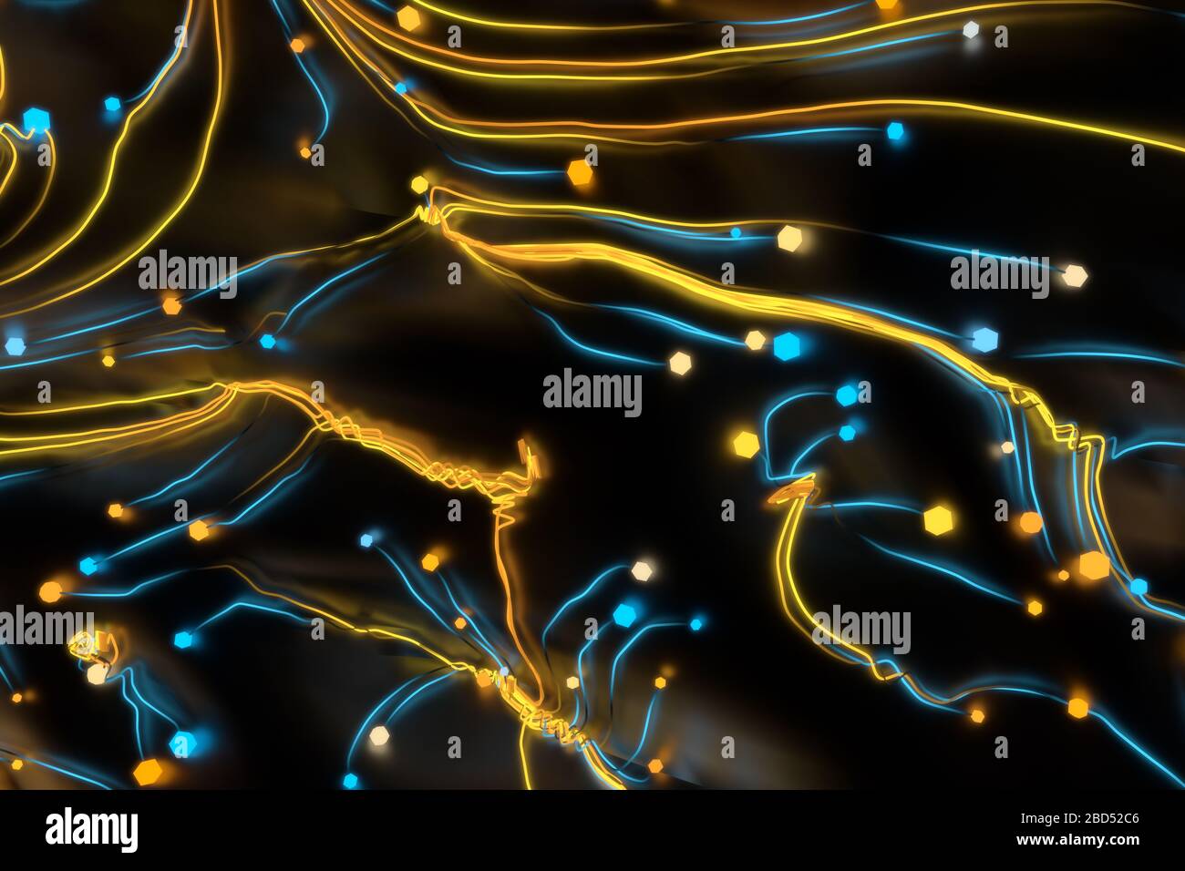 Neon glowing twisted cosmic lines on the glossy surface. Turbulence ...