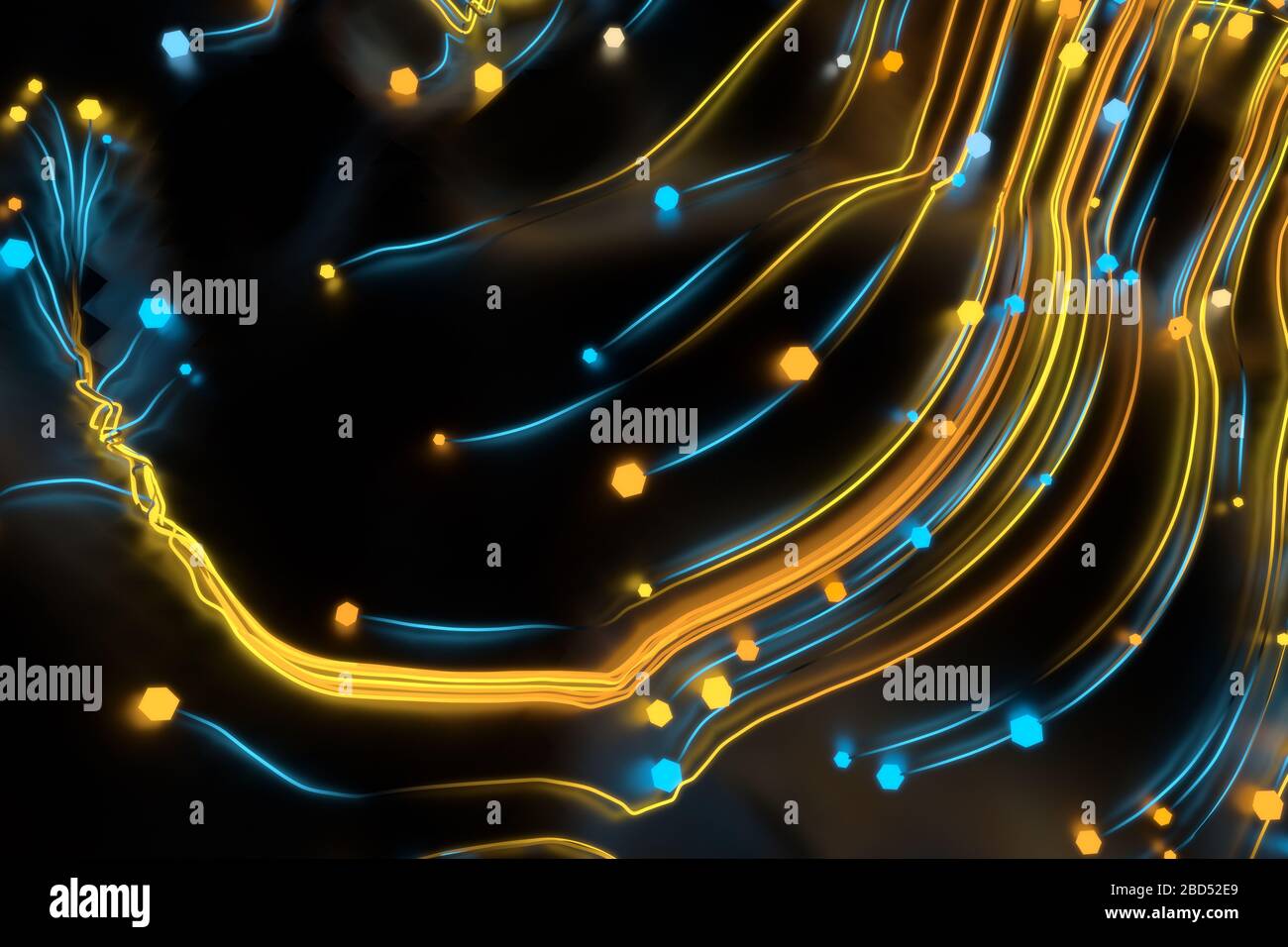 Neon glowing twisted cosmic lines on the glossy surface. Turbulence ...