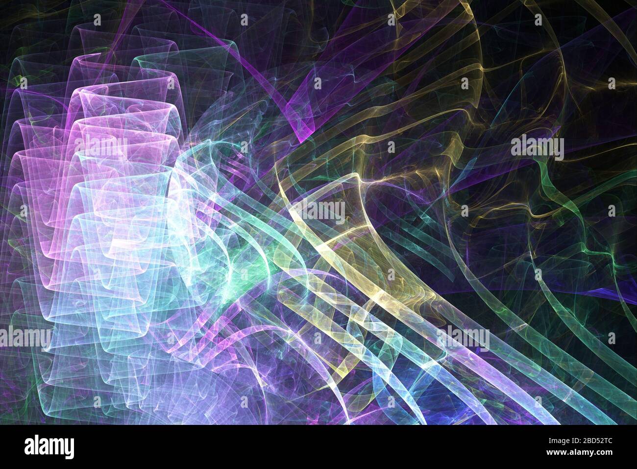 Neon glowing lines and shapes flying in the space. Geometric sci-fi ...