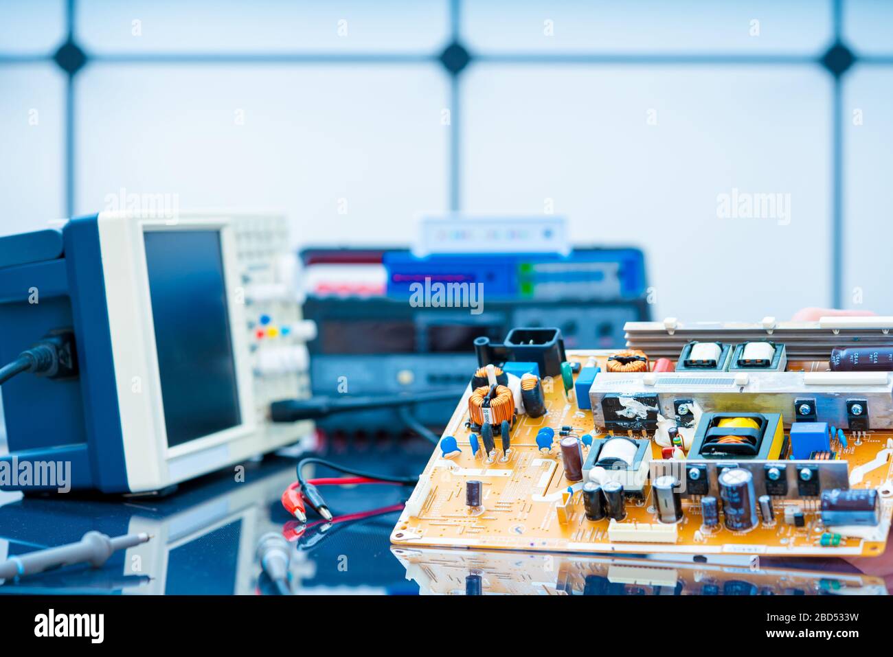 Debugging electronics device. PCB witch microcontroller in electronics laboratory Stock Photo ...