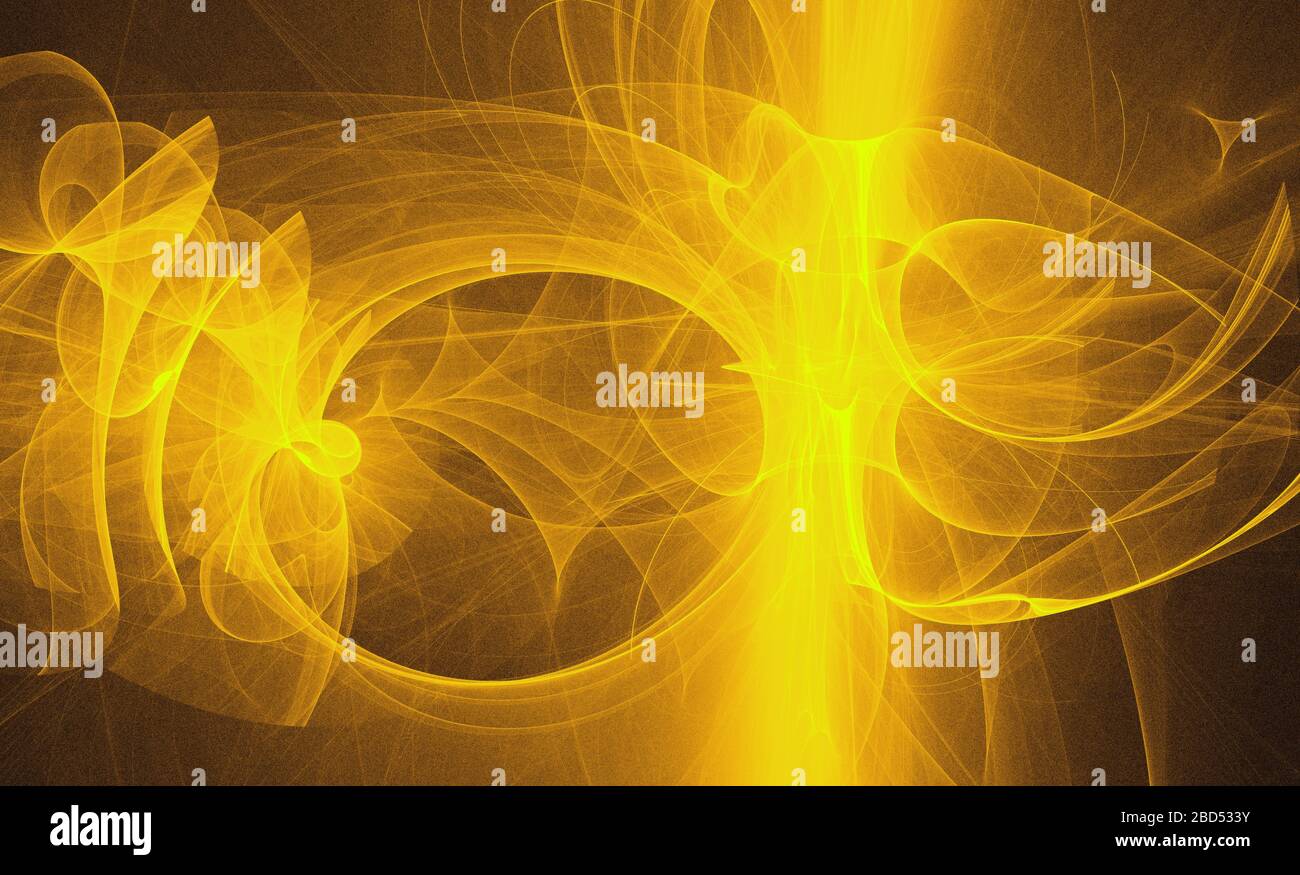 Neon glowing yellow twisted cosmic lines flying in the space ...