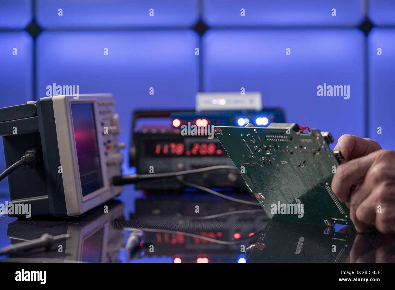 Debugging electronics device. PCB witch microcontroller in electronics laboratory Stock Photo ...