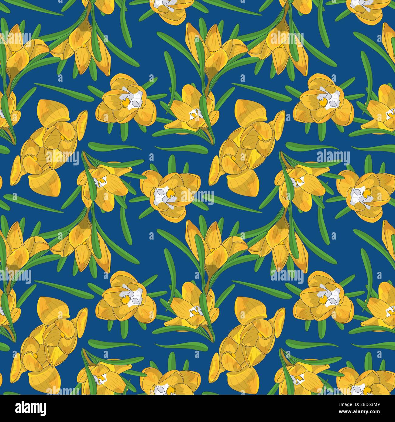 Hand drawn yellow crocus flowers seamless floral pattern. Vector ...