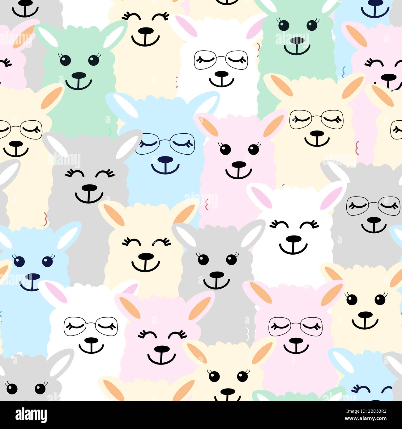 Seamless pattern of cute colorful llamas. Design for postcards, packaging paper, notepads and ...