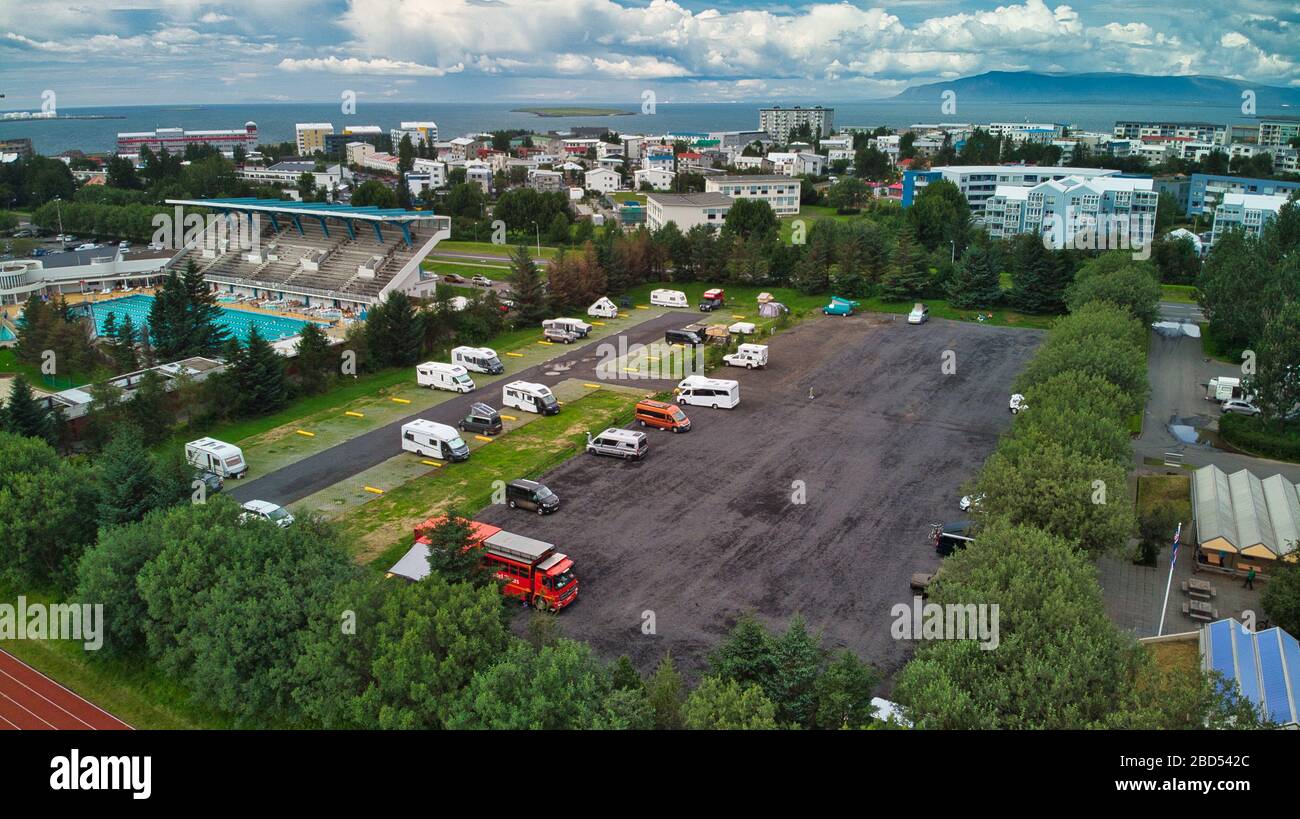Aerial view of Reykjavik. Sports area with swimming pools, camping ...