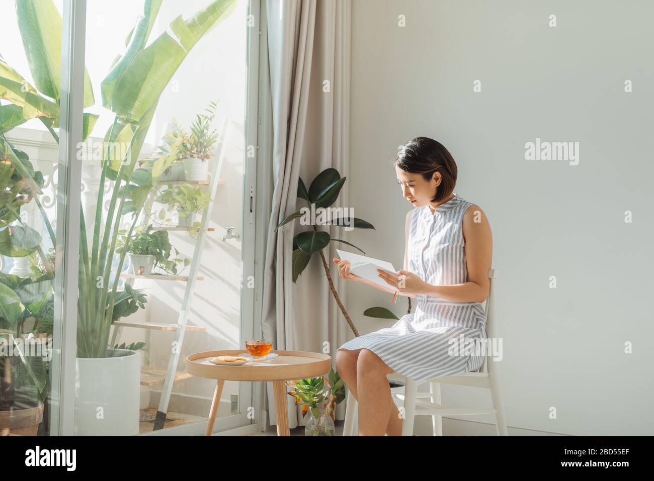 Young charming woman sitting on chair and reading book next to window ...