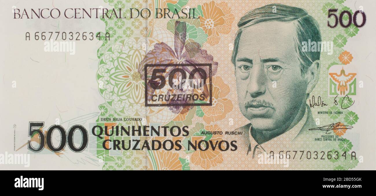 The obverse of a 500 Quinhentos Cruzados Novos Brazilian banknote from ...