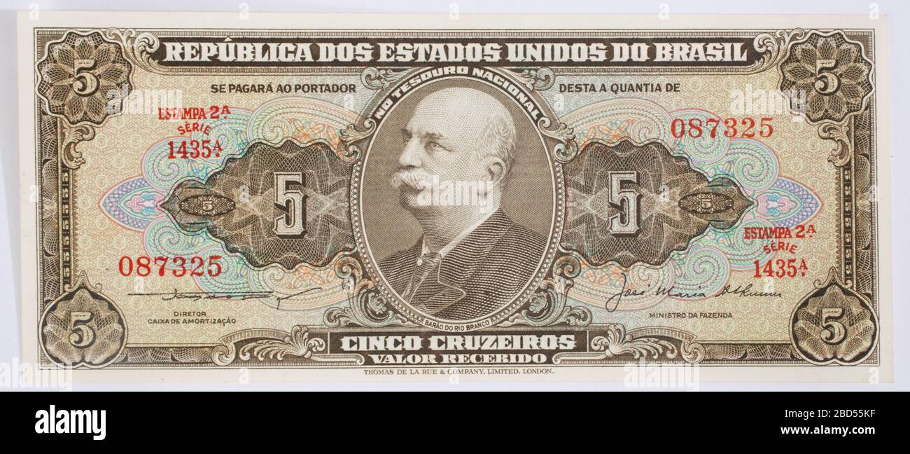 The obverse of a 5 Cinco Cruzeiros Brazilian Banknote from 1964 Stock ...