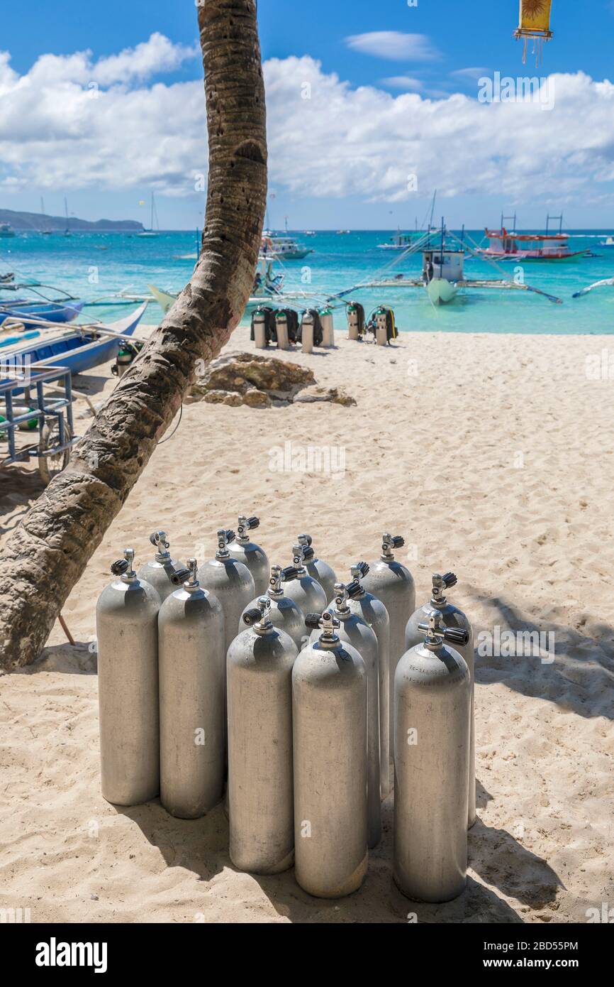 diving cylinders, white beach path, Boracay island, Philippines Stock ...