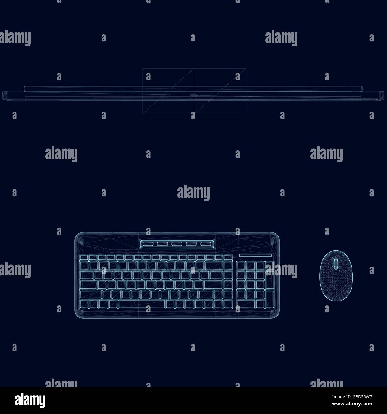 Computer wireframe made of blue lines on a dark background. Monitor ...