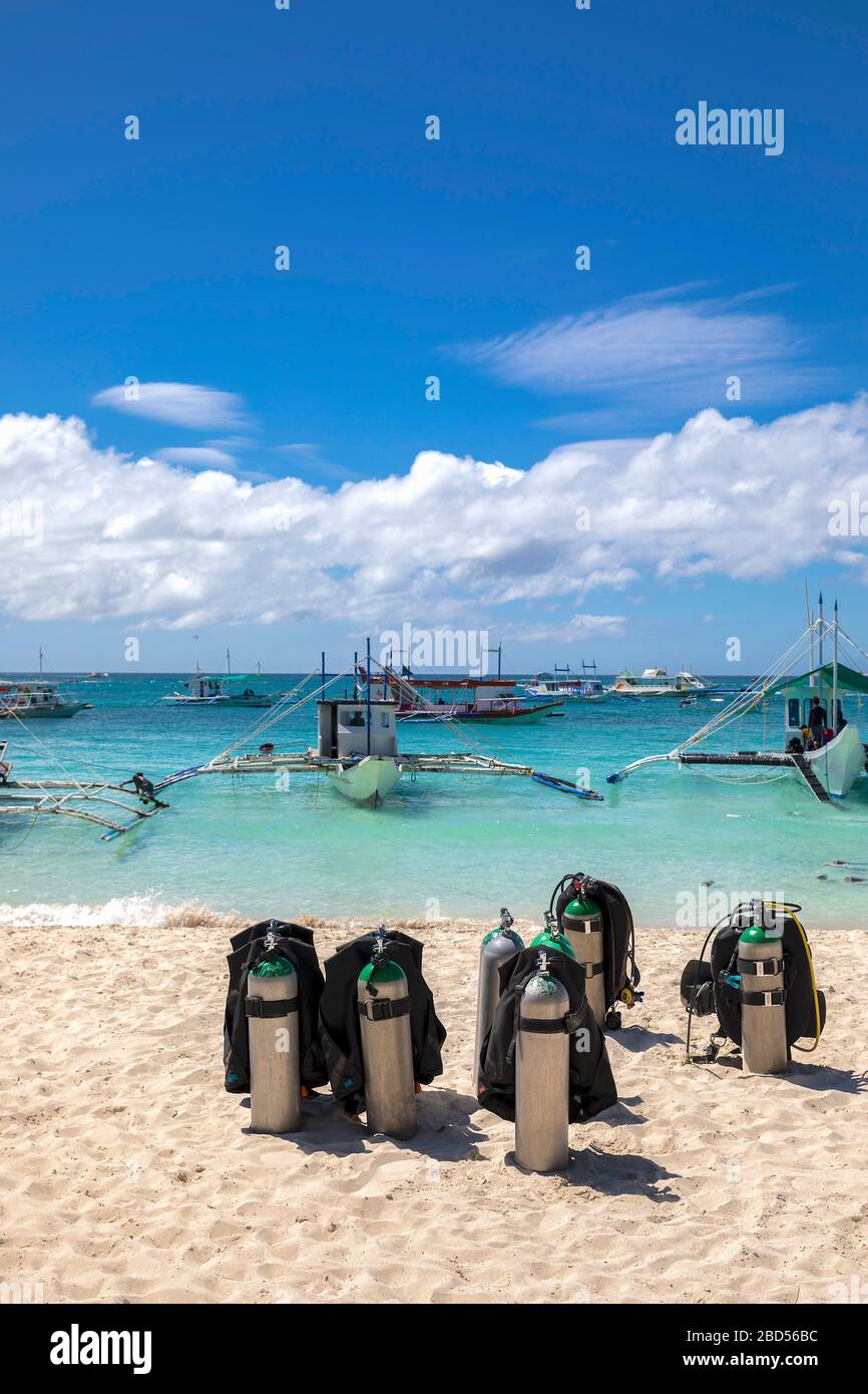 diving cylinders, white beach path, Boracay island, Philippines Stock ...