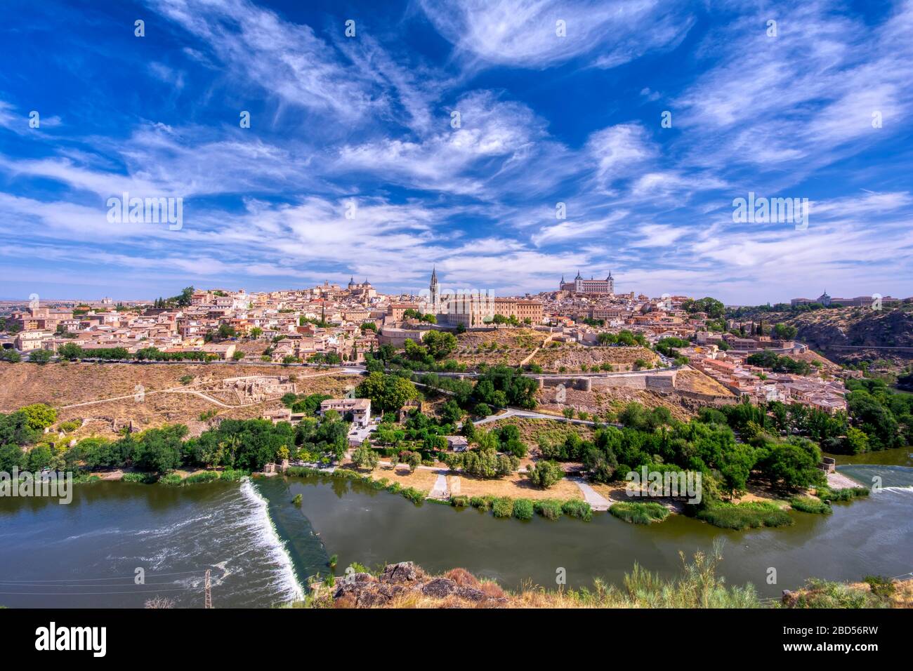 View of the historic city of Toledo with river Tagus, Spain. UNESCO ...