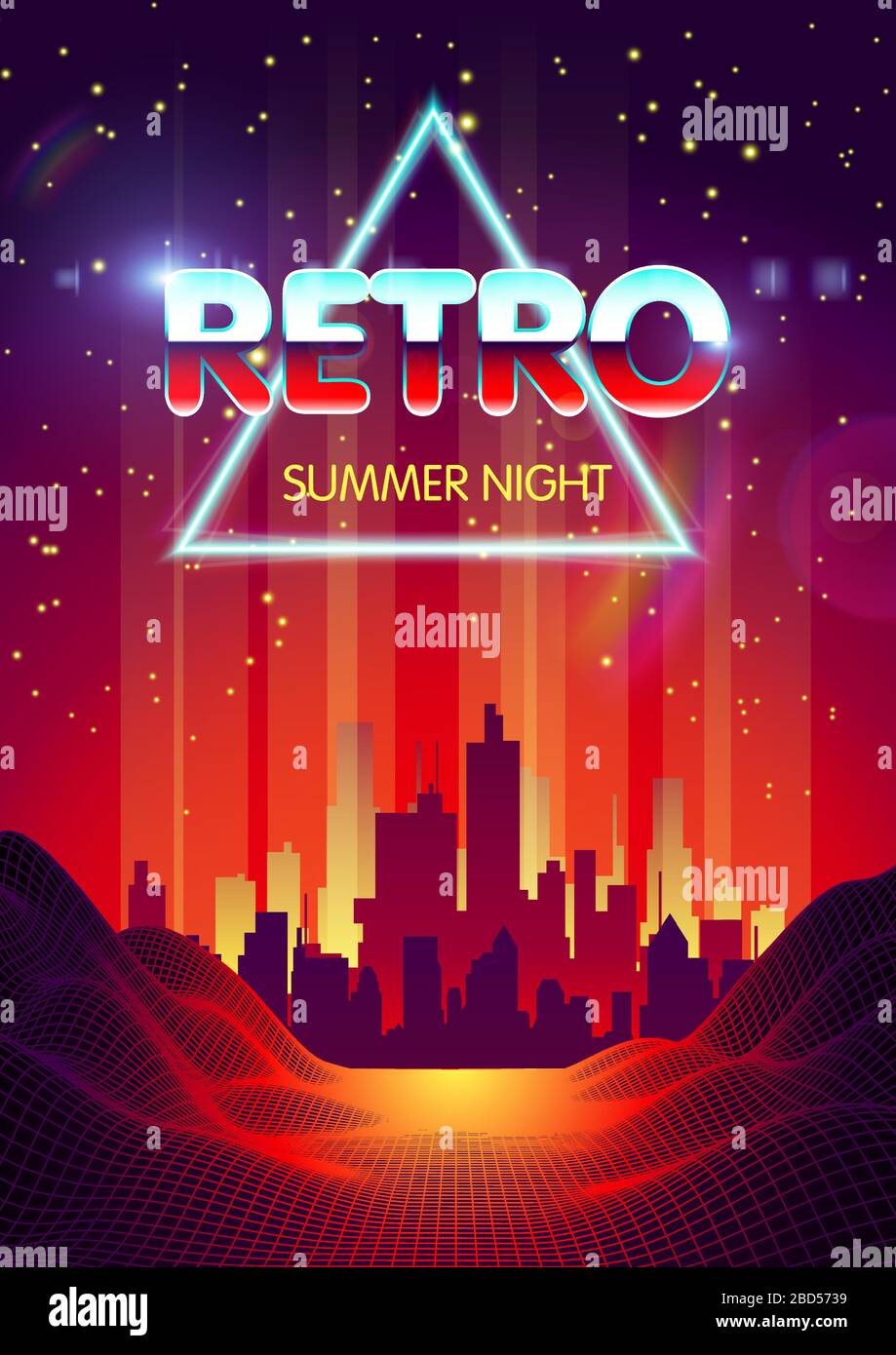 Retro Party 80s. Digital Landscape with Space, Mountains and Laser Rays ...