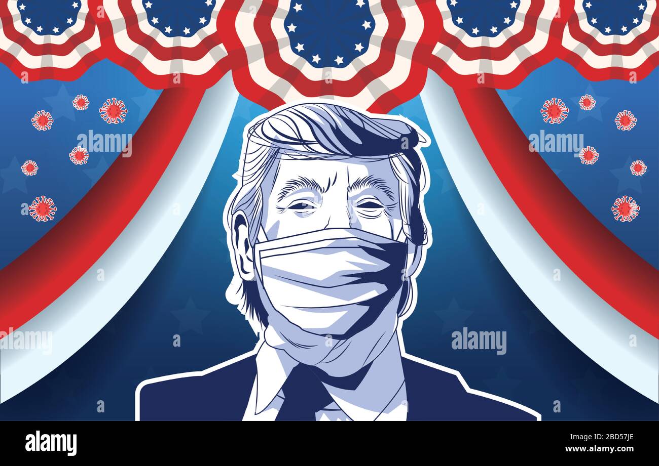 trump wearing face mask by covid 19 with usa flag and particles Stock ...