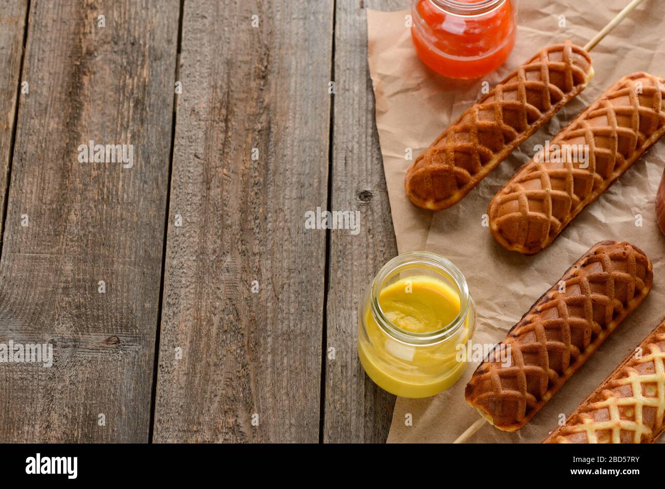 Waffle corn dogs on kraft wrapping paper Stock Photo - Alamy