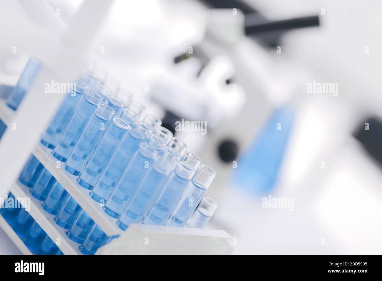 laboratory glass.close up. tubes of blue liquid in the science lab ...