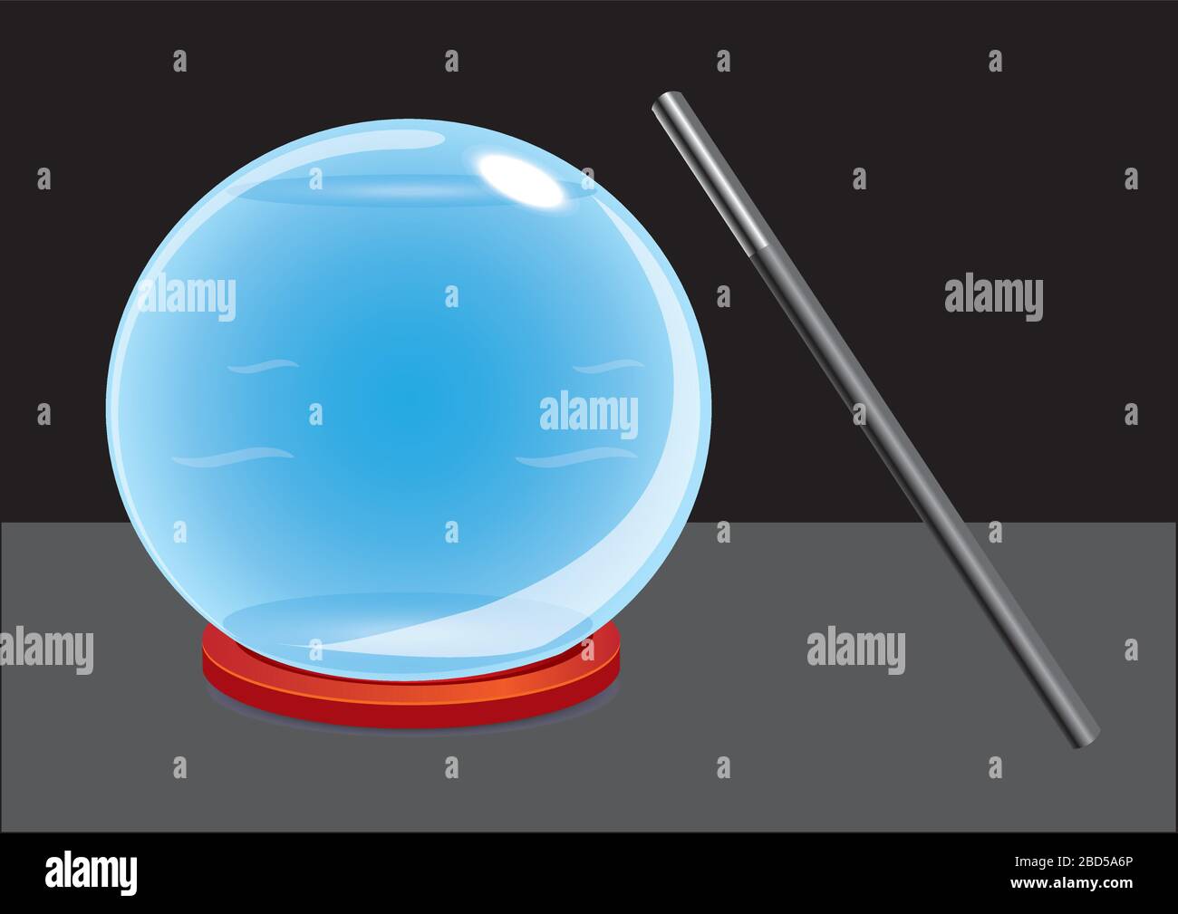 Vector illustration of magical crystal ball and magic wand with black ...