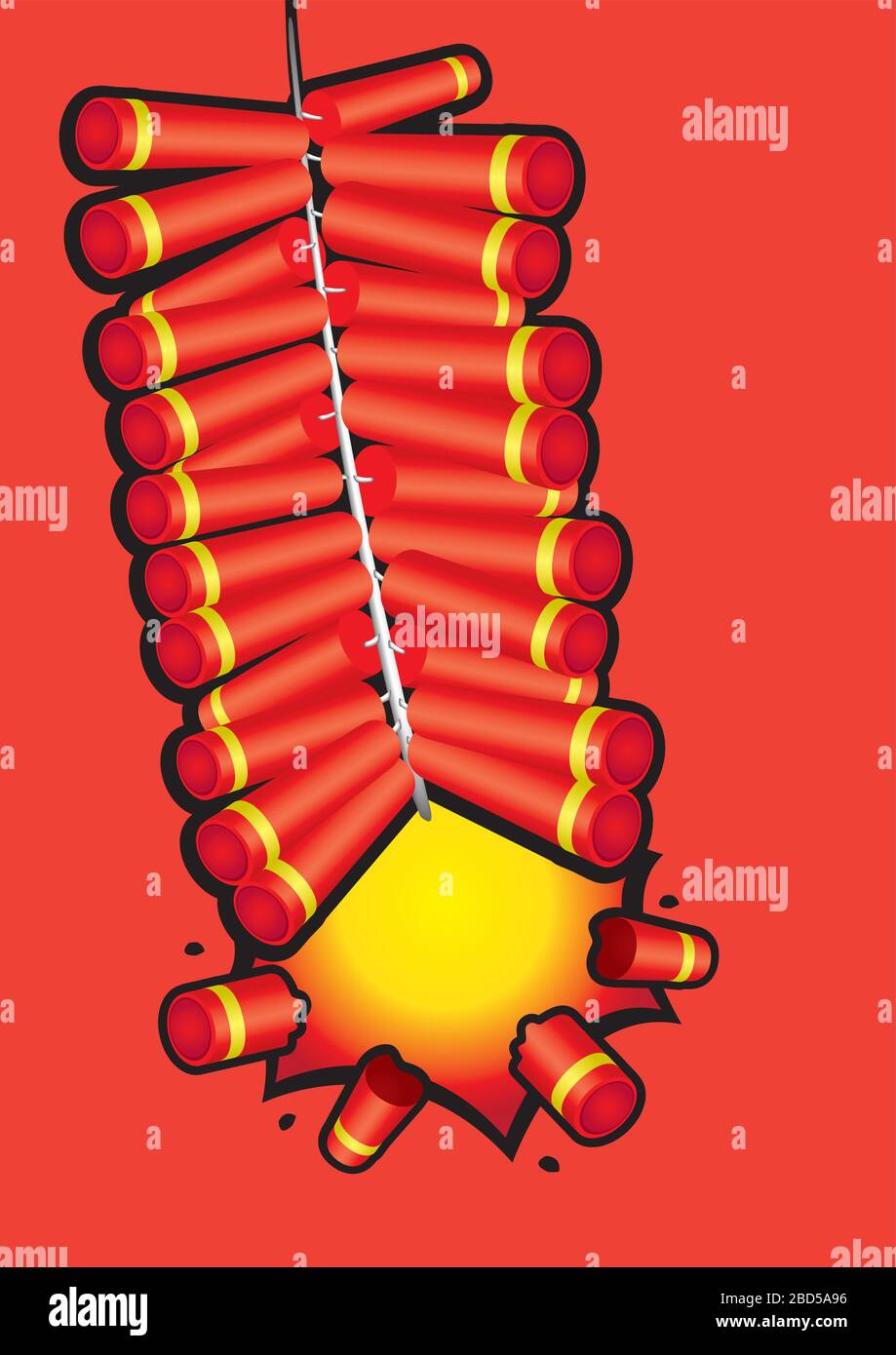 Vector illustration of exploding firecracker against red background ...