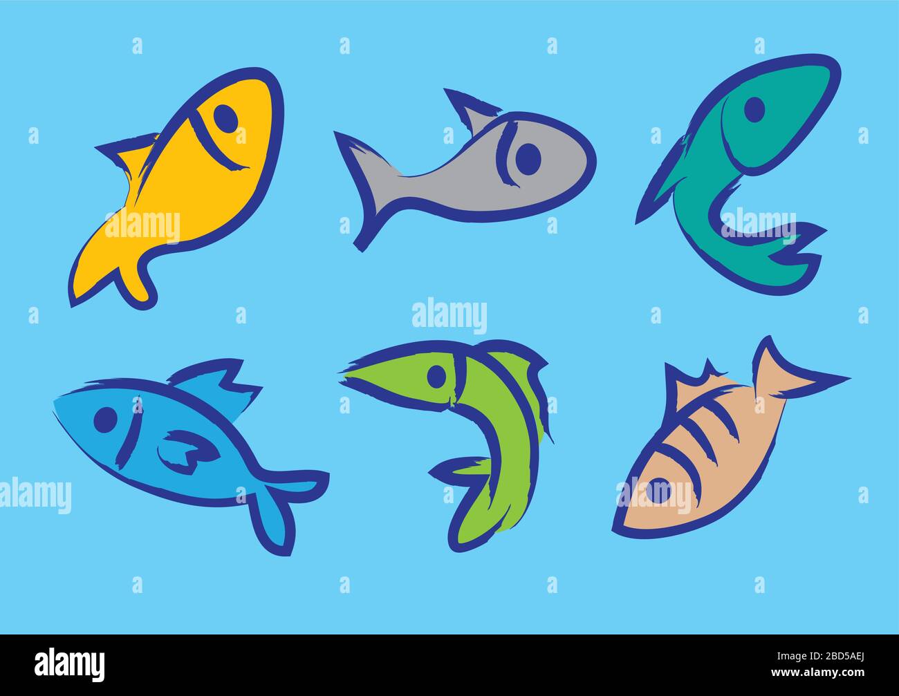 Six vector illustration of colorful fishes in paint brush effect Stock ...