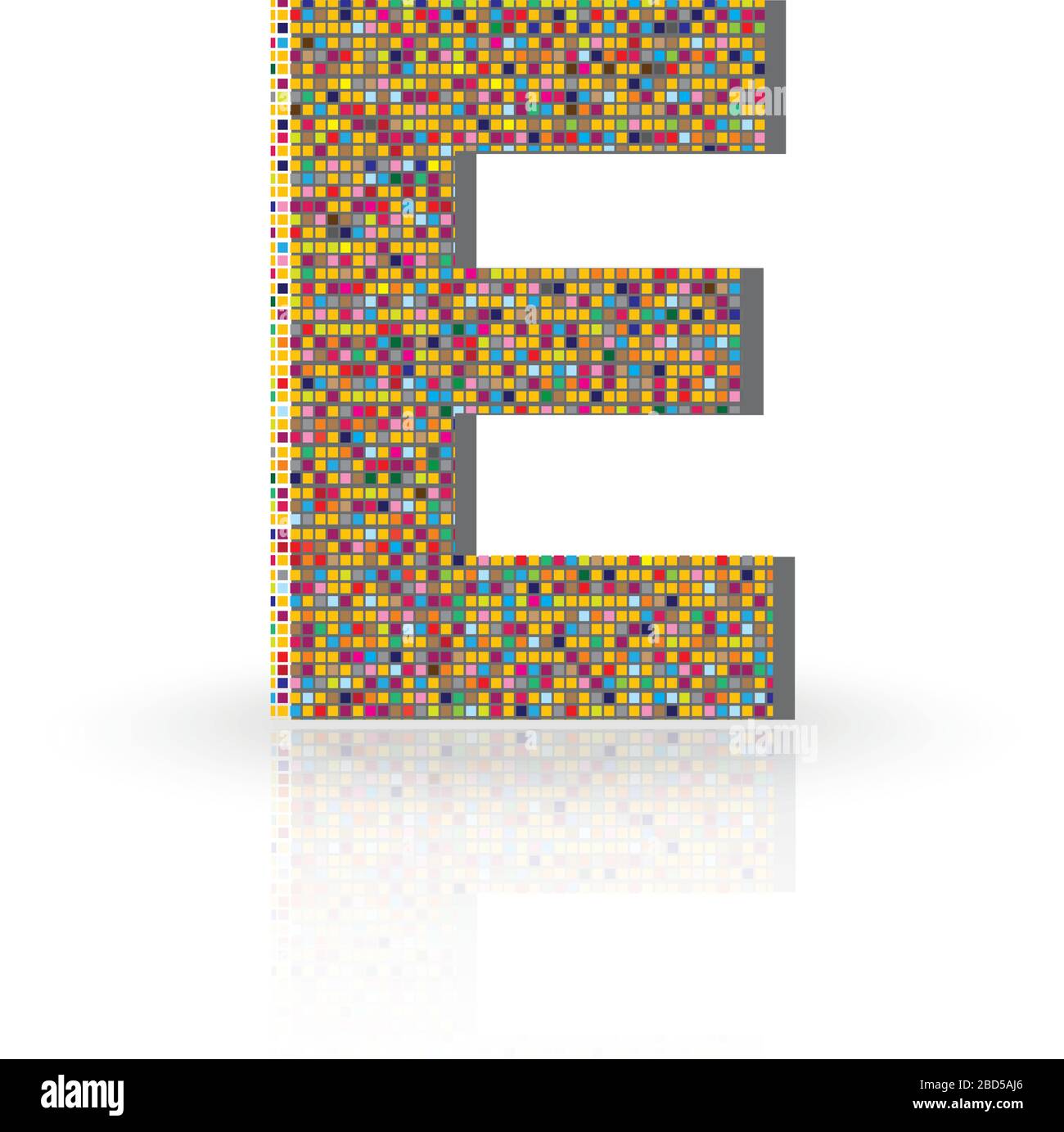 Colorful 3D Alphabet Letter E with reflection on white glossy surface ...