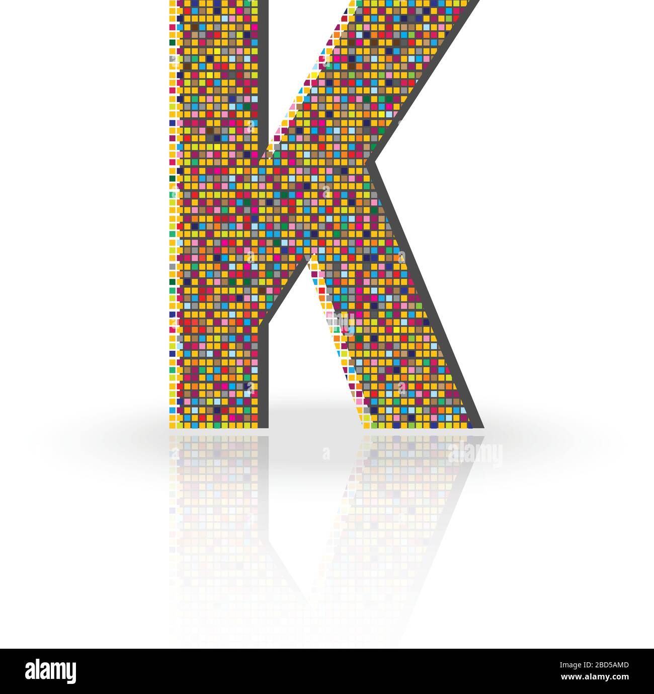 Colorful 3D Alphabet Letter K with reflection on white glossy surface ...
