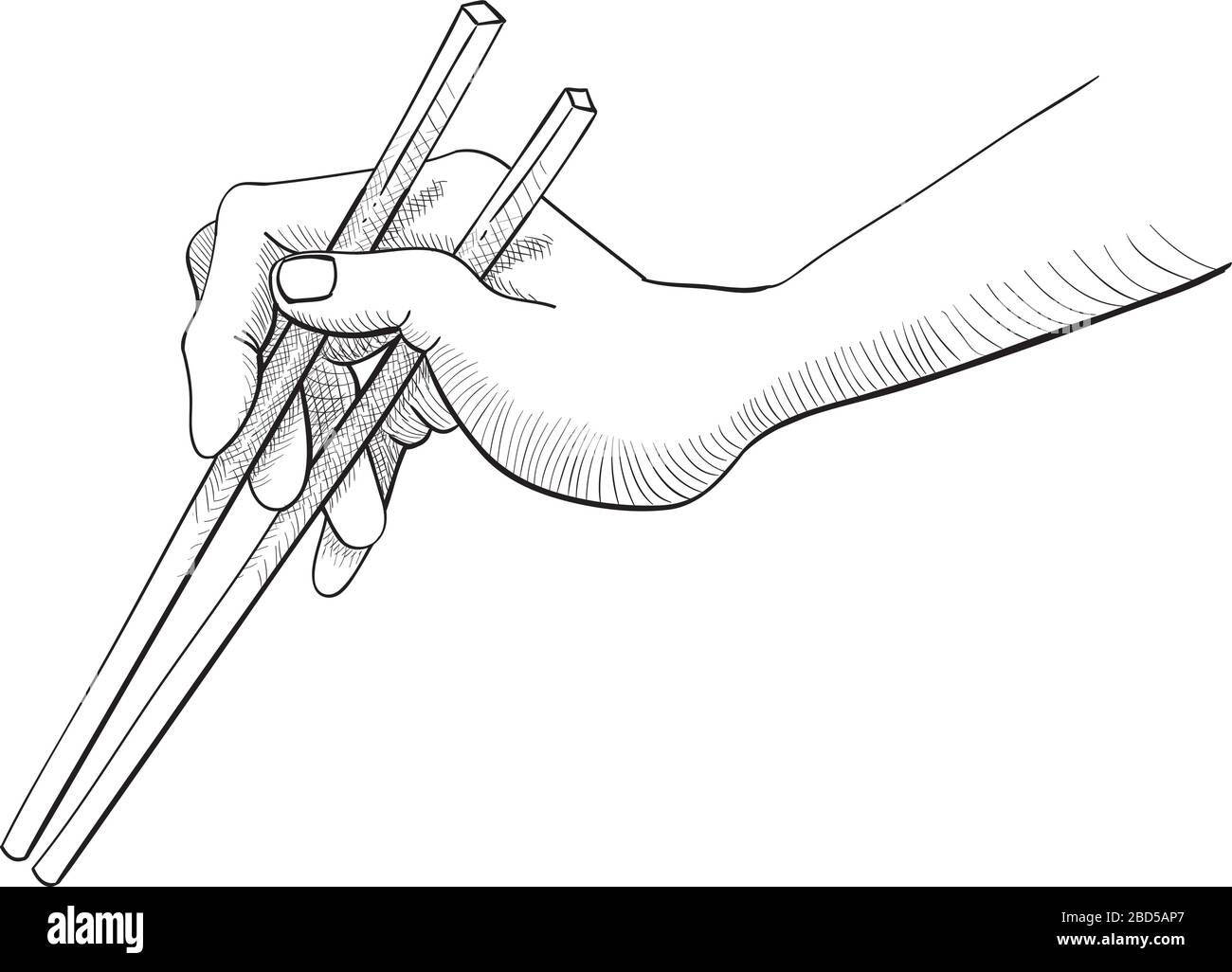 Hand drawn sketch of left hand holding a pair of chopsticks isolated on ...