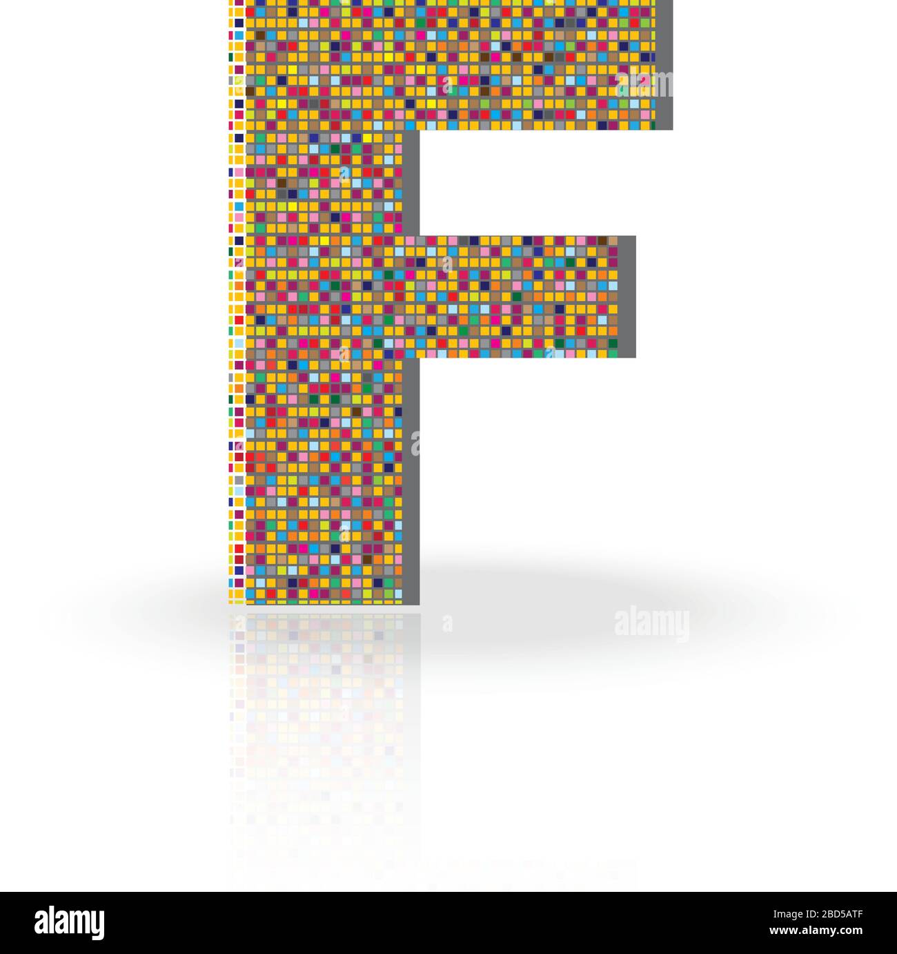 Colorful 3D Alphabet Letter F with reflection on white glossy surface ...