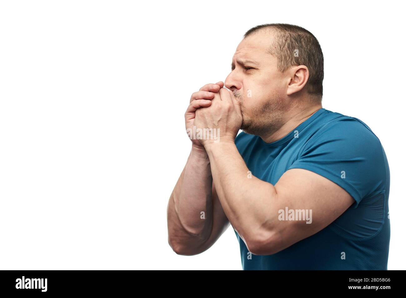 Man with flu coughing in hands, isolated on white background Stock ...