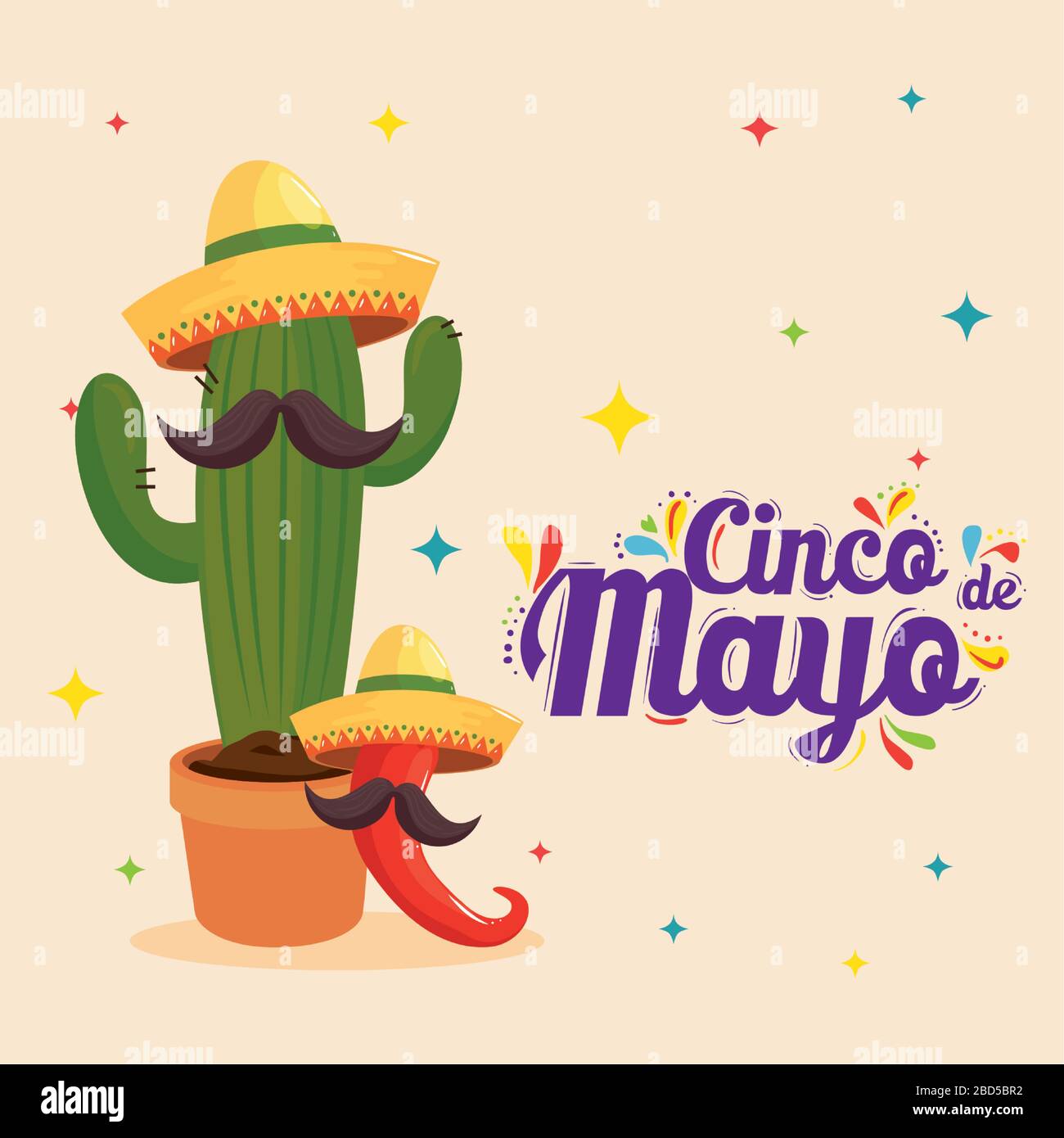 Mexican cactus chilli with hats and mustaches of Cinco de mayo vector ...
