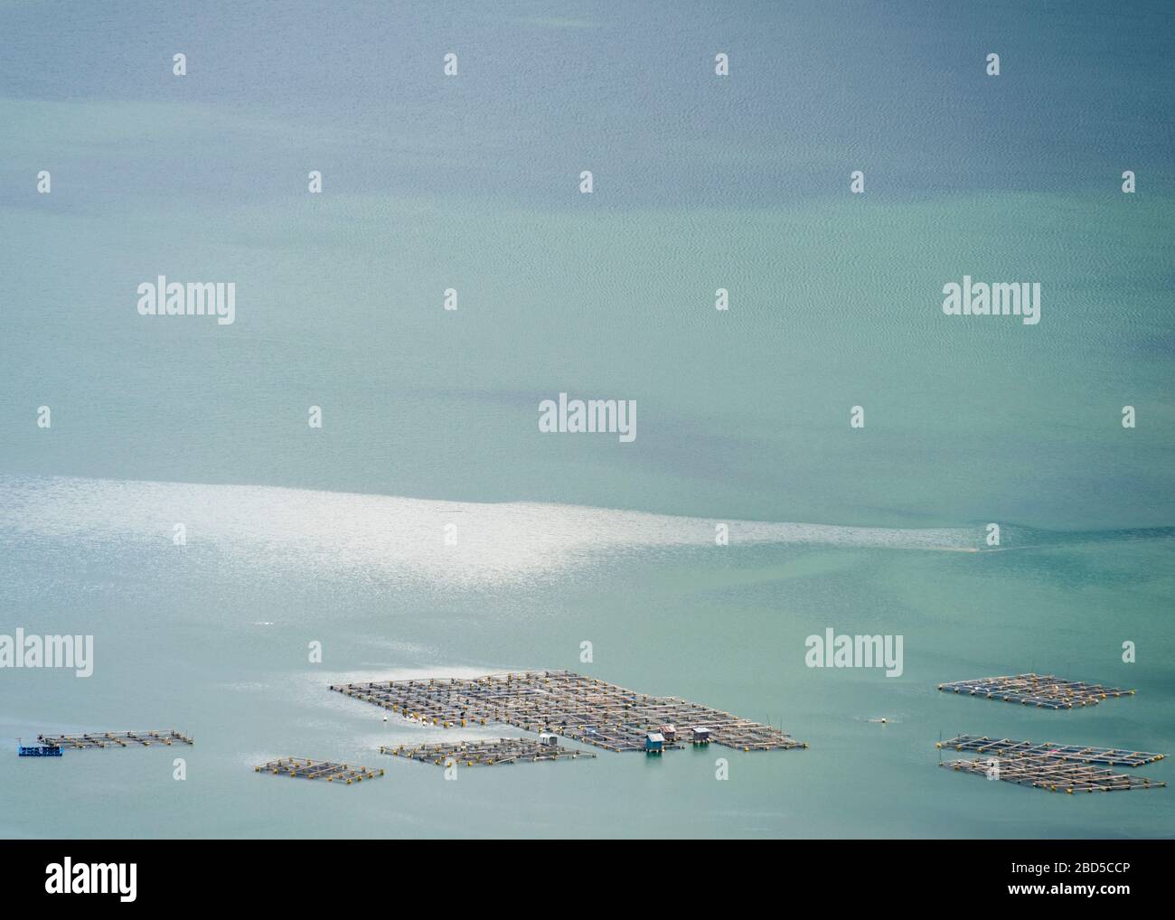 Horizontal aerial view of the fish farms on Lake Batur in Bali ...
