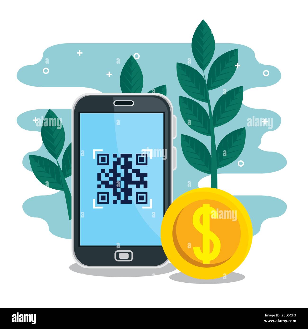 qr code inside smartphone leaves and coin vector design Stock Vector ...
