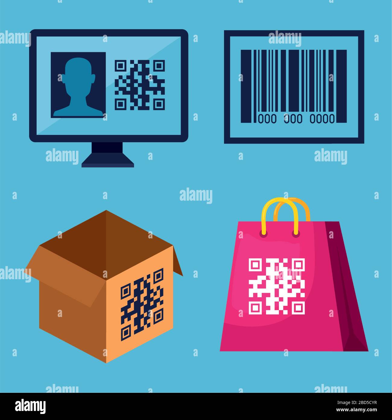 qr code over shopping bag box and computer vector design Stock Vector ...