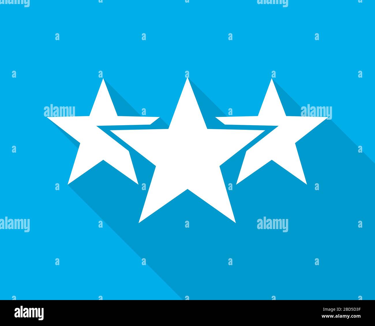 White stars icon with long shadow on blue background. Three stars in ...
