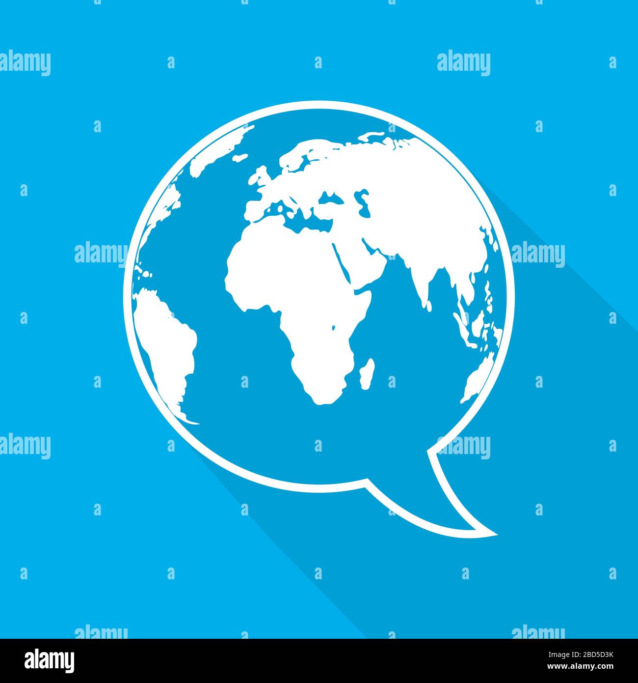 Speech bubble with Earth map. Global chat icon with long shadow on blue ...