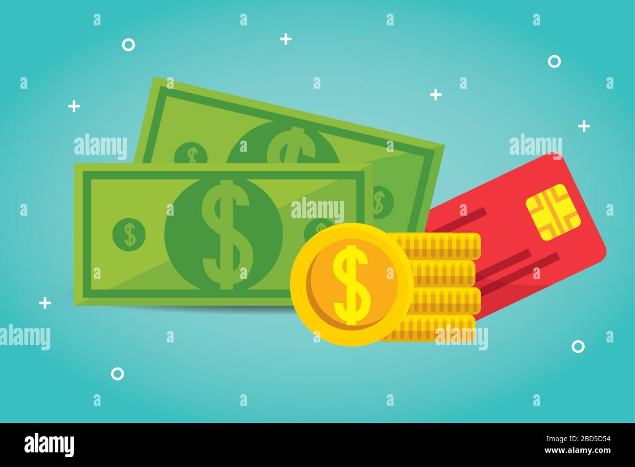 Money coins bills and credit card vector design Stock Vector Image ...