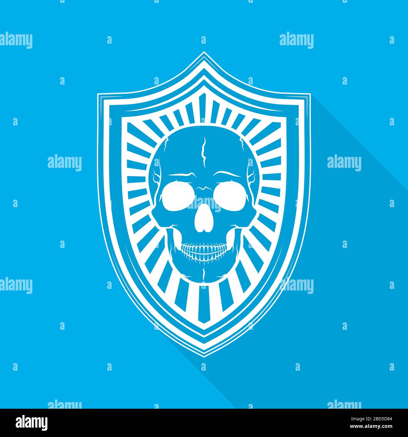 White shield with human skull on blue background. Shield icon in flat ...