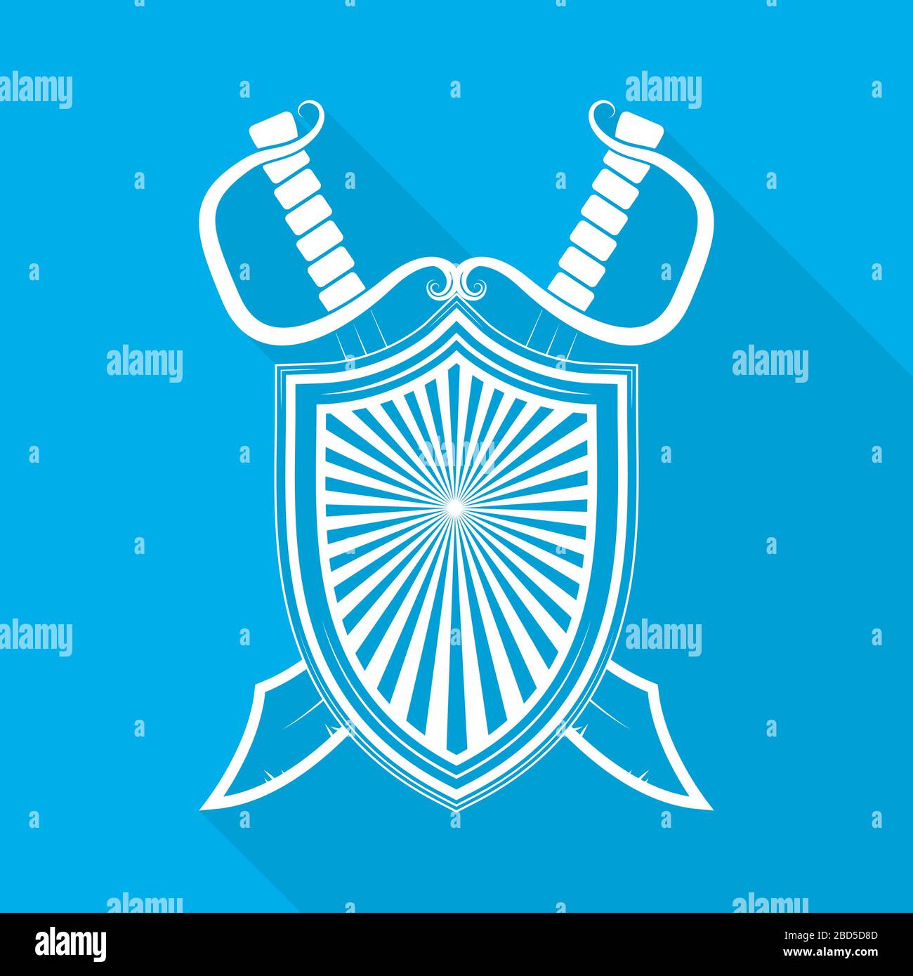 Shield with two crossed swords in flat style. White shield and swords ...
