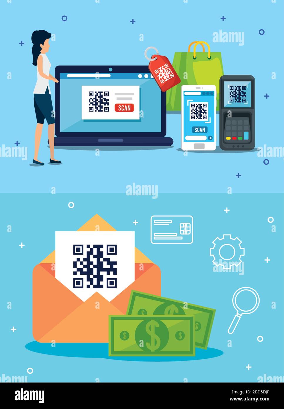 qr code inside envelope bills laptop and woman vector design Stock ...