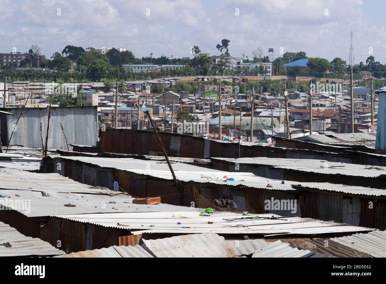 A view across corrugated iron rooftops of Mathare, Nairobi, Kenya ...